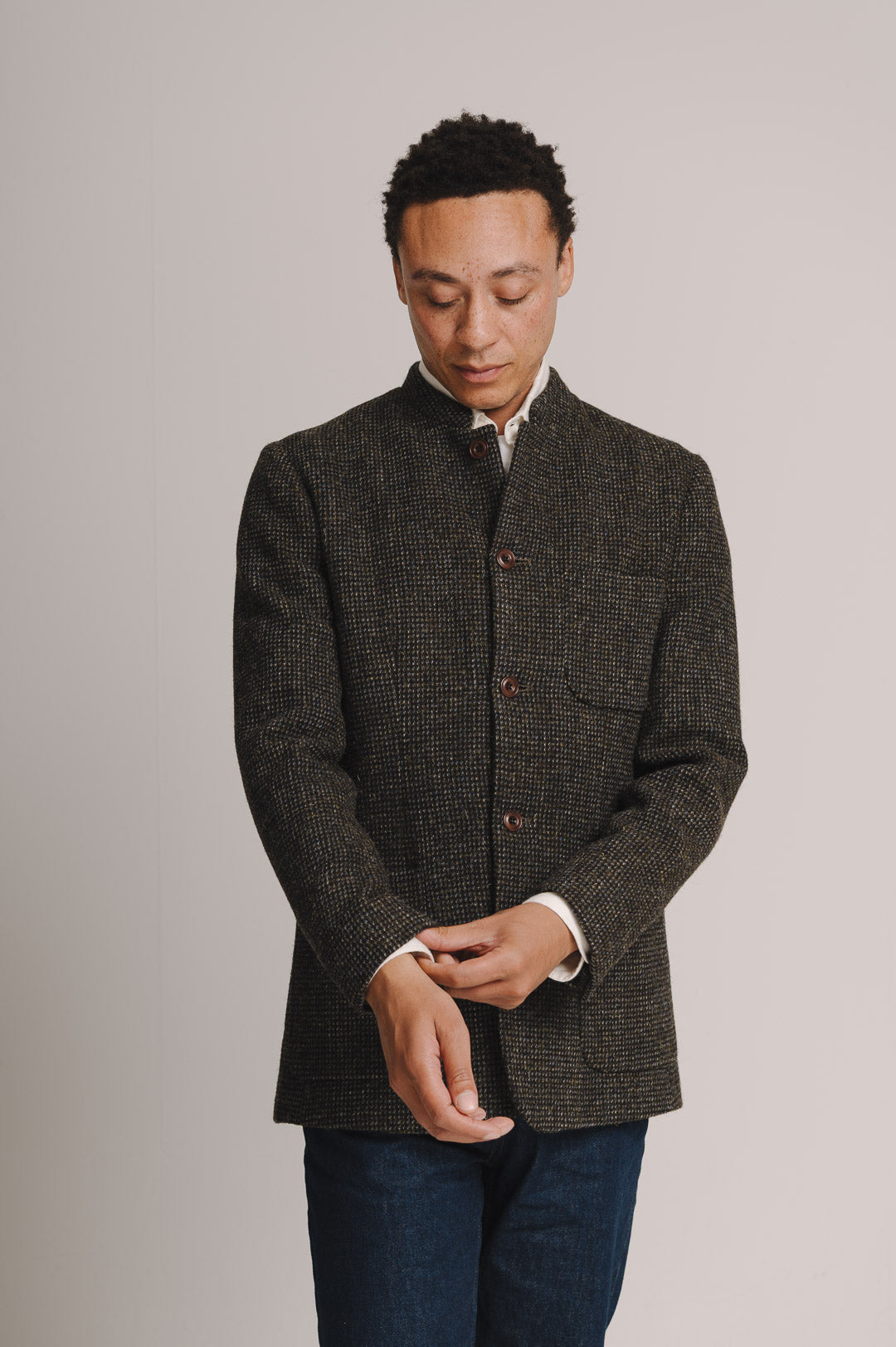 Bark Green Harris Tweed Nehru Jacket | SIRPLUS